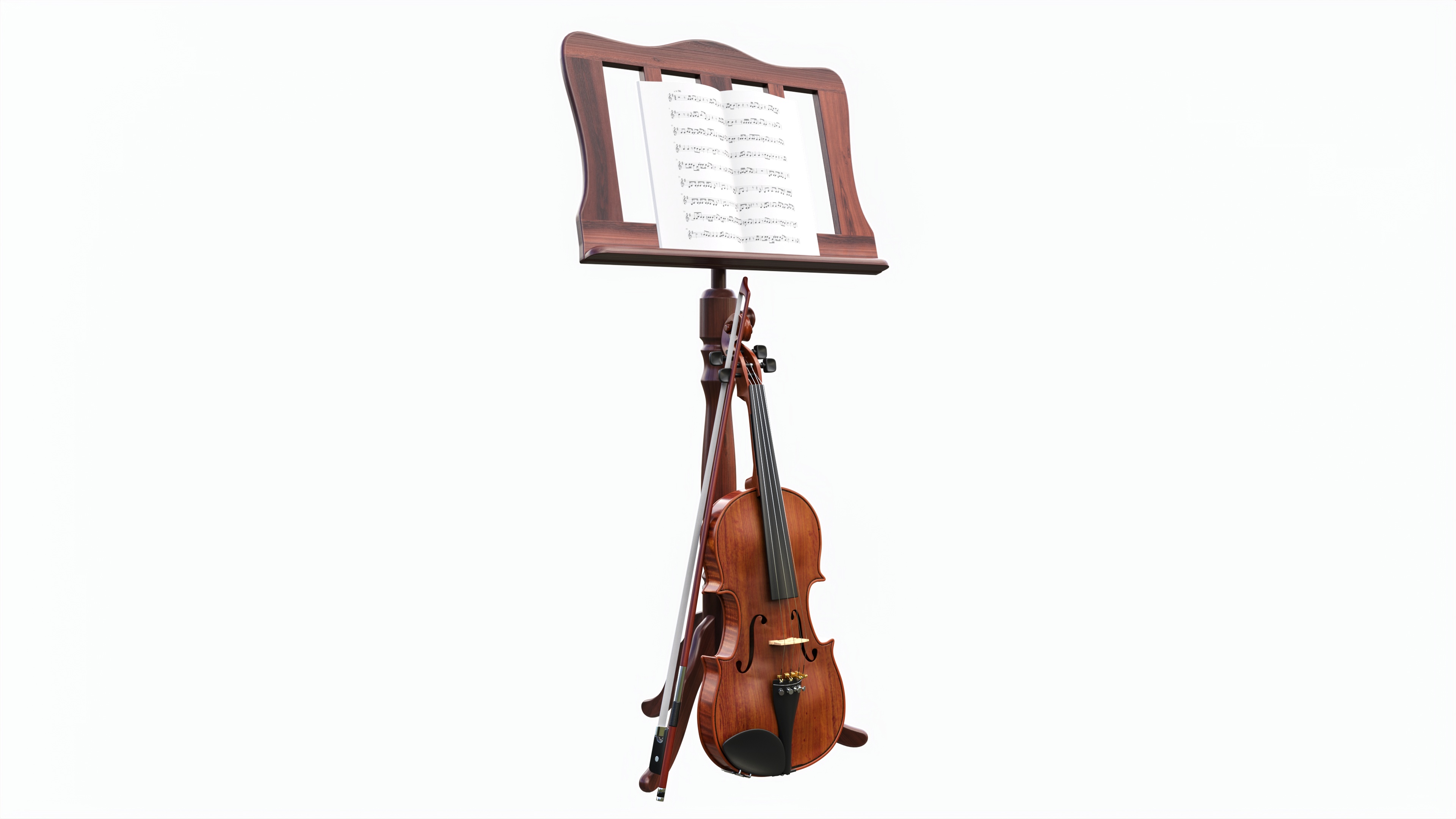 Violin with bow and wooden music note stand PBR 3D Model - 3dmstock.com